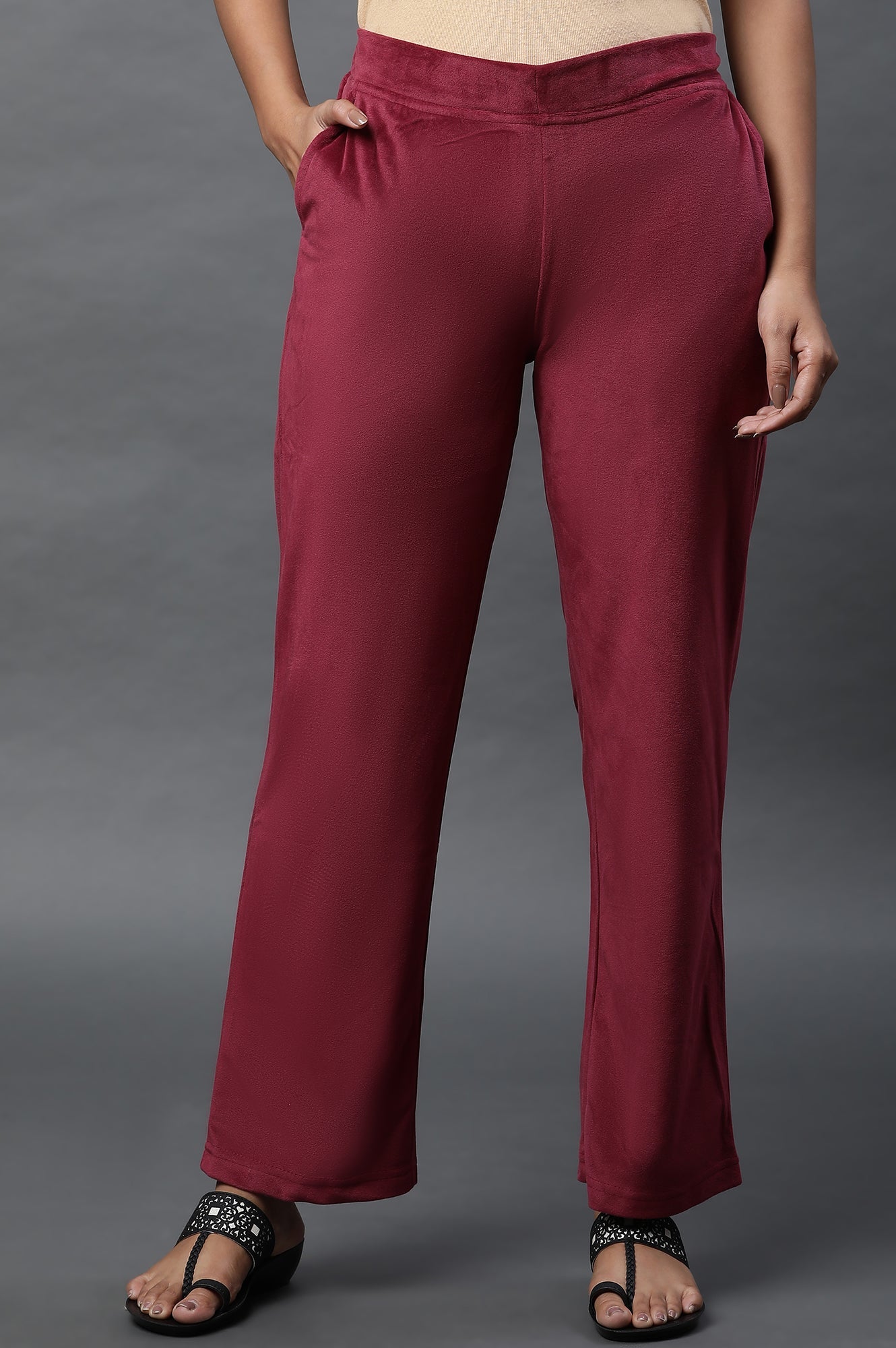 Buy Elleven Women's Maroon Solid Straight Fit Velvet Pants With ...
