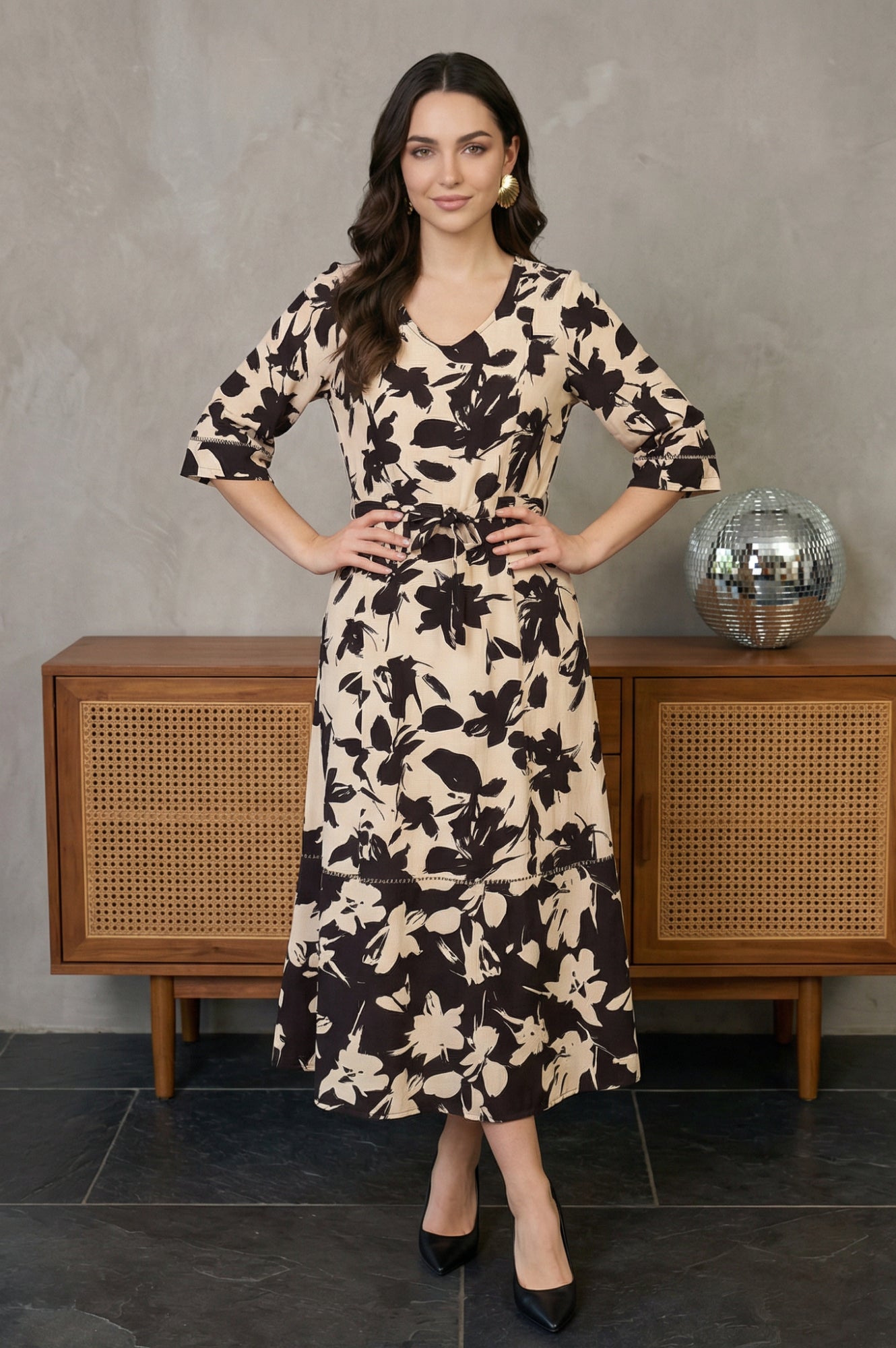 Buy Beige Floral Printed Flared Western Dress Online for Woman | WforWoman