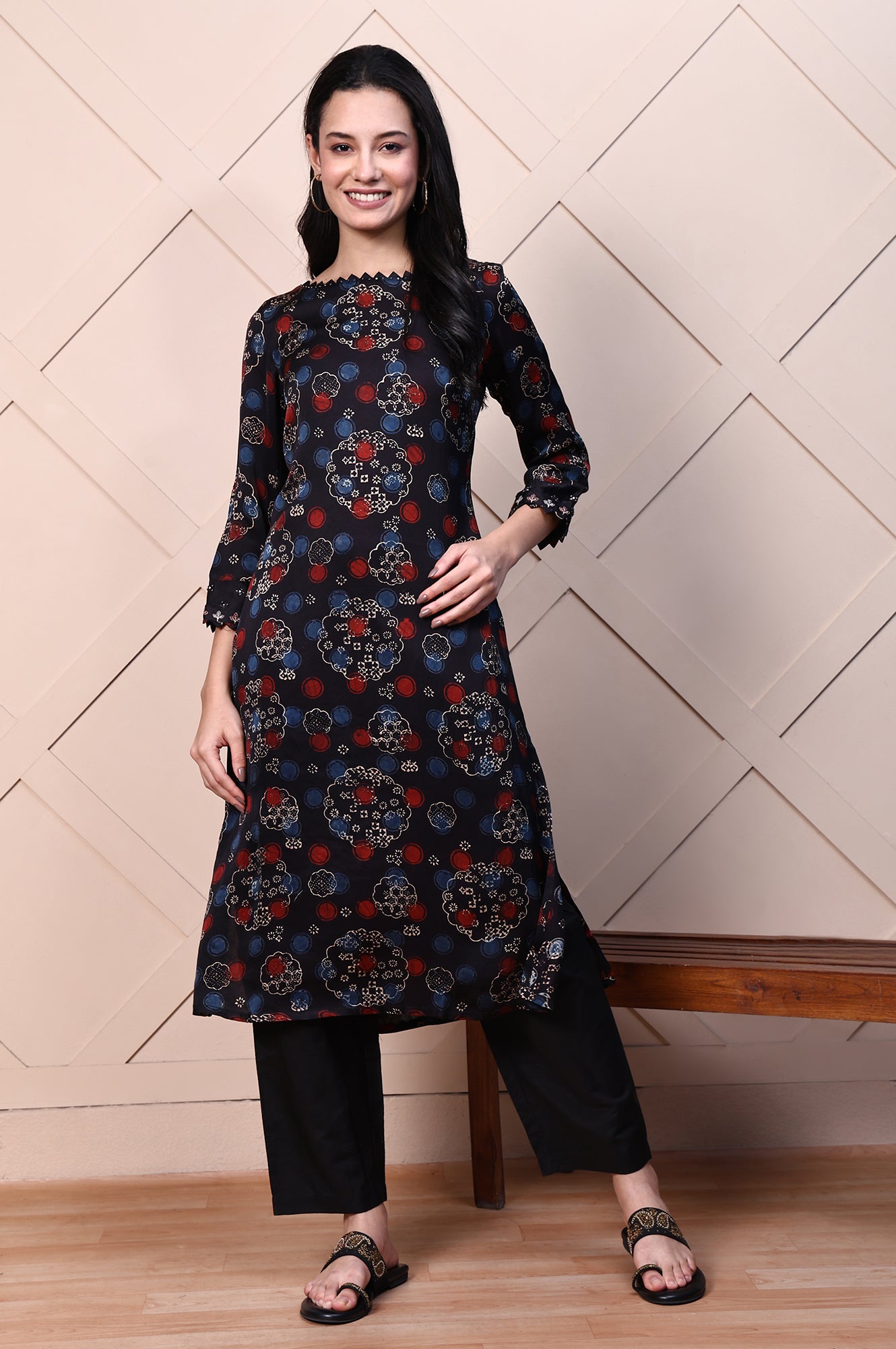 Buy Black Ajrak Printed Satin A-line Kurta with Thread Embroidery ...