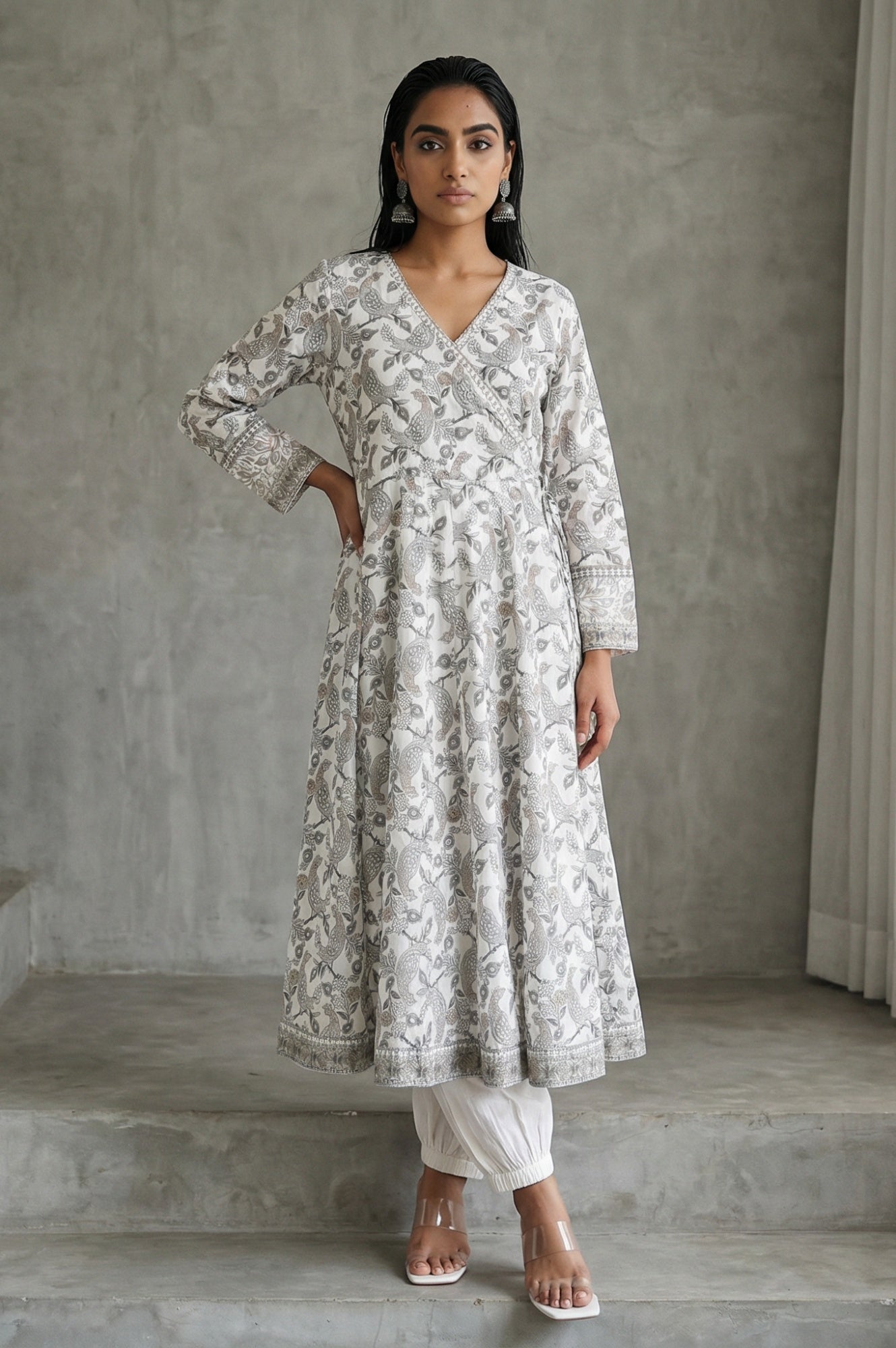 Buy Off White Block Printed Pure Cotton Angrakha Kurta Online for Woman ...